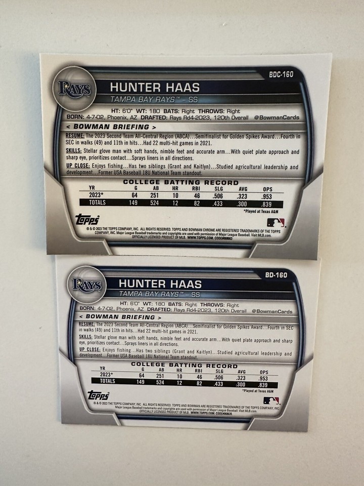 2023 Bowman Draft Chrome Hunter Haas 1st Bowman #BDC-160 Tampa Bay Rays ...