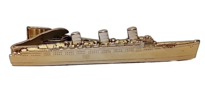 Cunard Queen Mary or Normandie 3 Funnel Ocean Liner Gold Tone Tie Bar ...