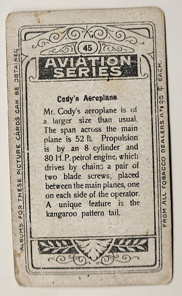 AVIATION SERIES cigarette card # 45 COL. CODY'S BIPLANE 1909 | eBay