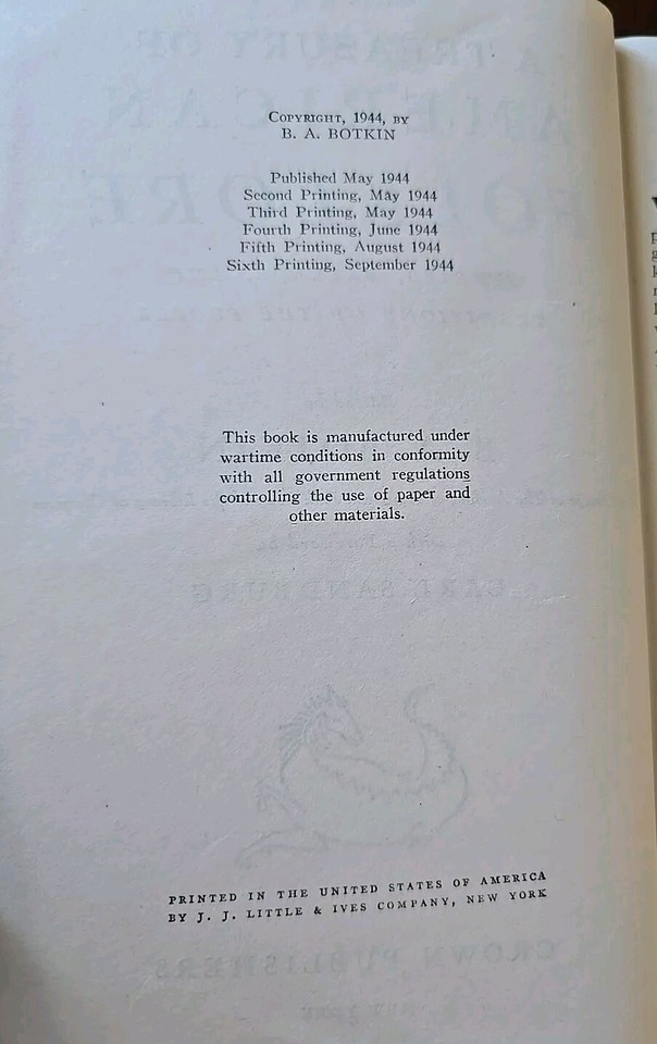 A Treasury of American Folklore by Benjamin A Botkin 1944 HB Vtg 7th ...