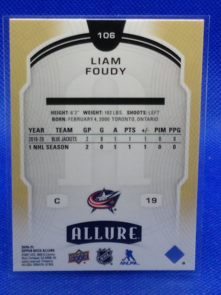 2020-21 Upper Deck Allure #106 Liam Foudy SP Blue RC Columbus Blue ...