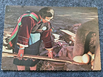 Zuni Bread Baker, baking bread in unique earthen oven Vintage Postcard ...
