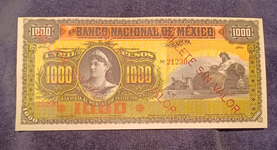 Banco Nacional de Mexico 1000 Pesos 1885-1913 Unc remainder billete sin ...