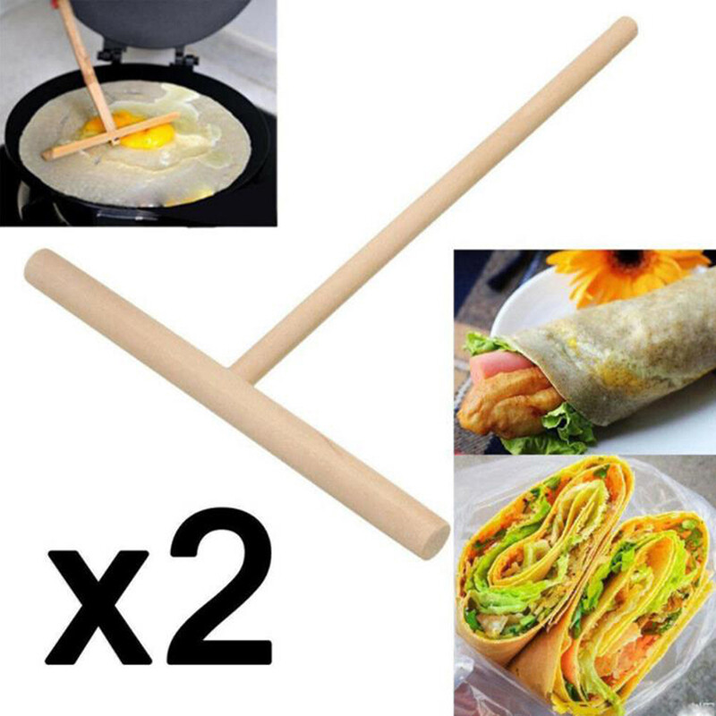 2Pcs T Shape Wooden Rake Round Batter Pancake Crepe Spreader Kitchen ...