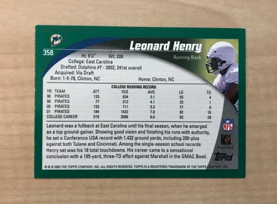 LEONARD HENRY MIAMI DOLPHINS SIGNED AUTOGRAPHED 2002 TOPPS CARD #358 W ...