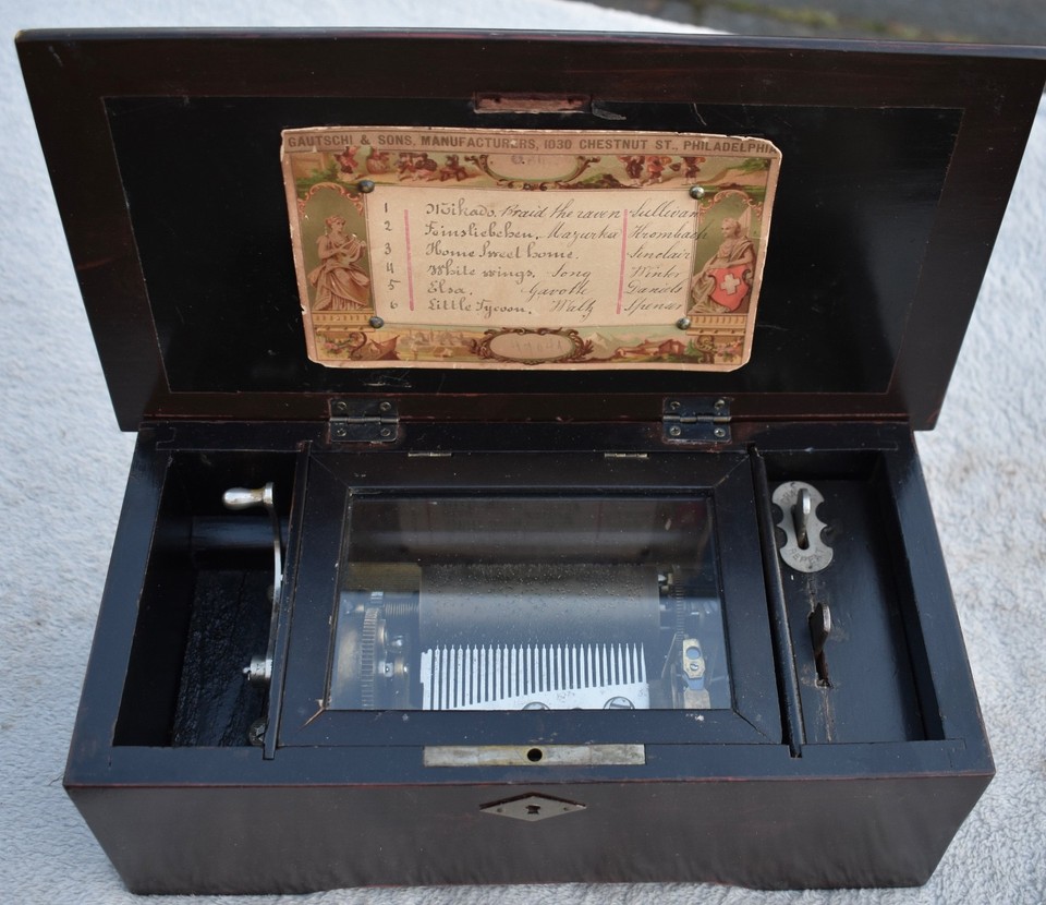 Vintage 12" Gautschi & Sons Philadelphia Swiss Inlaid Wood Music Box c ...