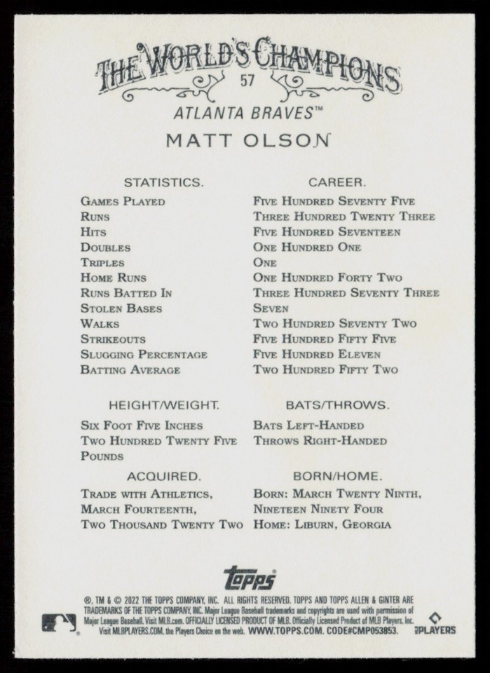 2022 TOPPS ALLEN GINTER MATT OLSON ATLANTA BRAVES #57 | eBay