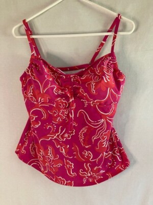 Lands' End Womens Tankini Size 14 Swim Top Pink Floral Built-In Bra w ...