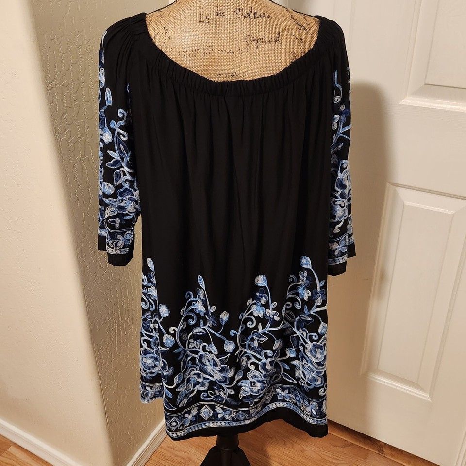Allison Joy Women's Size XL Black & Blue Embroidered 3/4 Sleeve Dress ...