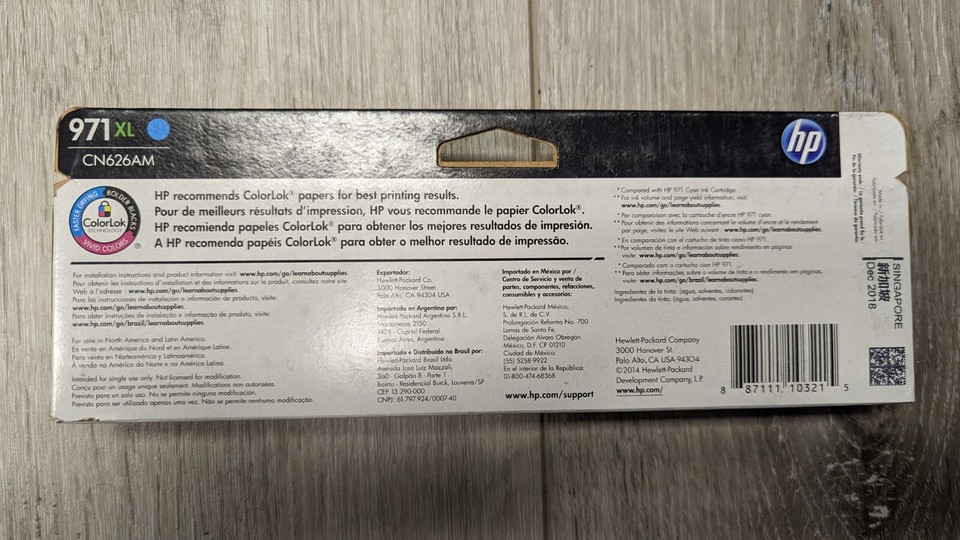 Genuine HP 971XL Cyan High Yield Ink Cartridge CN626AM Expired 12/2018 ...