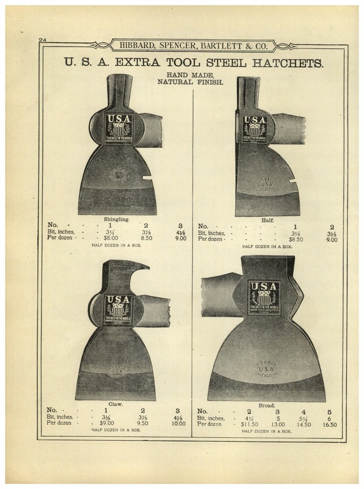 1899 PAPER AD OVB Hibbard Our Very Best Hatchet USA Extra Tool Best In ...