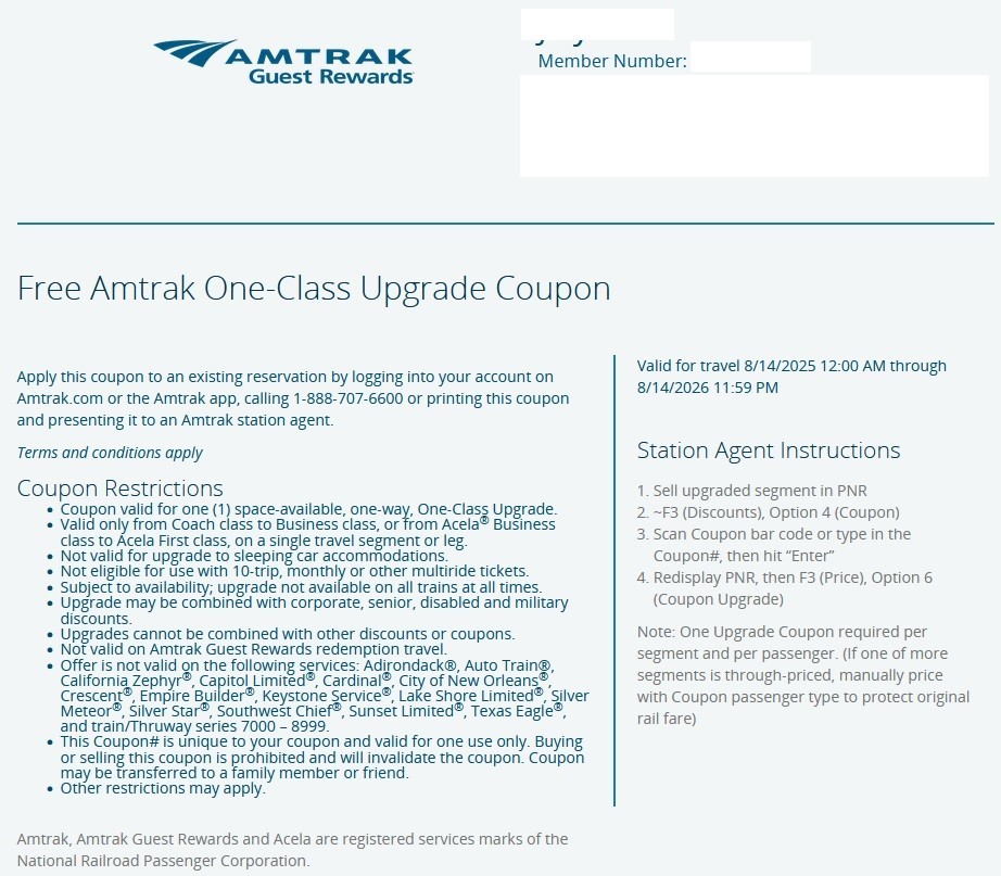 Amtrak One-Class Upgrade Coupon Expires 08/15/2026 | eBay