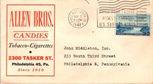 1948 Allen Bros Confectionery Tobacco Envelope Philadelphia Postal ...