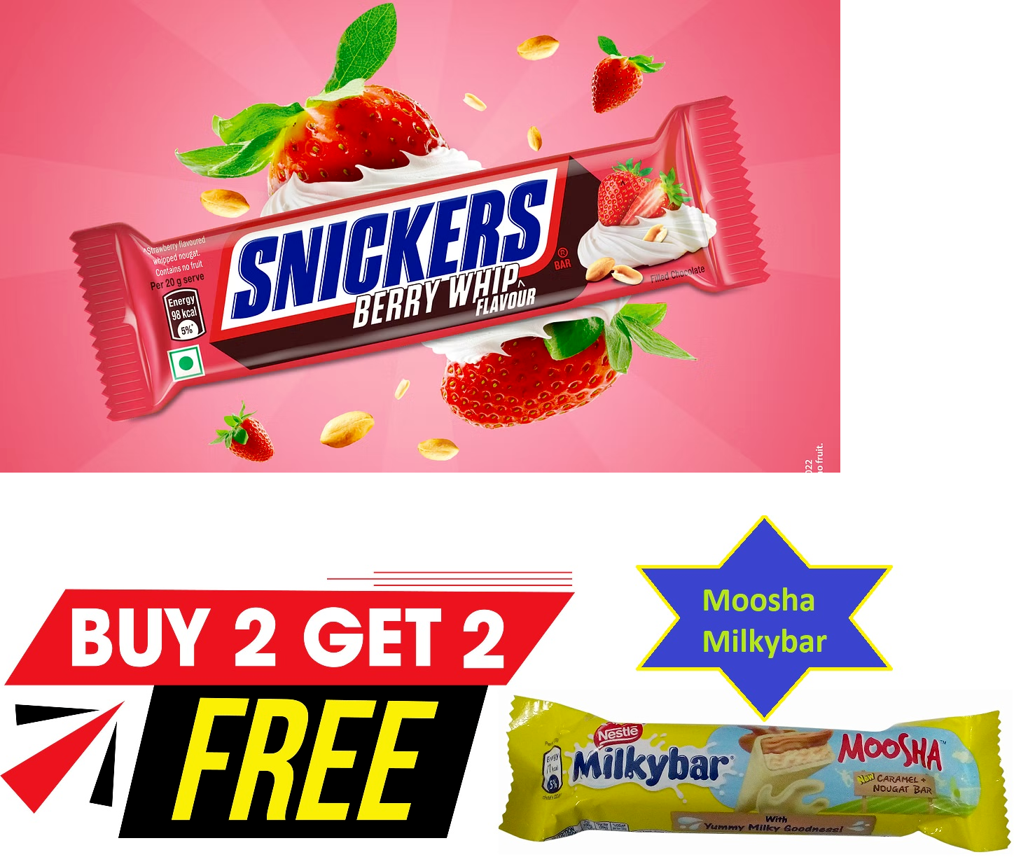 Snickers Berry Whip Chocolate Bar - 22gm (Pack of 24 bars) ORIGNAL BEST ...