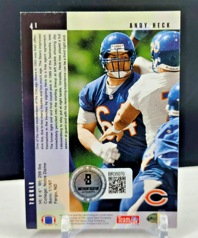 Andy Heck AUTO 1994 Upper Deck Electric Diamond BAS COA Chicago Bears ...
