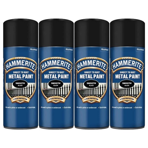 4 x Hammerite BLACK 400ml Direct To Rust Smooth Quick Drying Spray ...