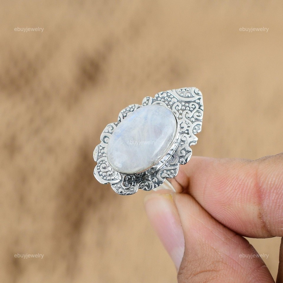 Gift For Her Natural Rainbow Moonstone Multi Stone Adjustable Ring 925 ...