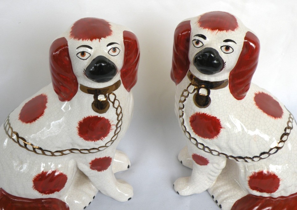 PAIR STAFFORDSHIRE MANTEL DOGS 9.5" ENGLAND Chestnut Color Spots Nice ...