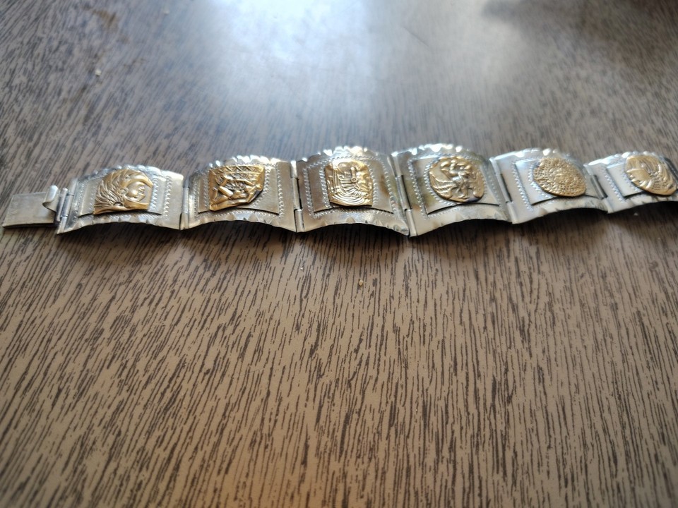 6 7/8" Mexico Sterling Silver & Gold Aztec Mayan Symbols 6 Panel ...