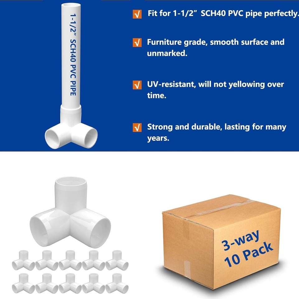 Versatile 1-1/2" UV Resistant PVC Connectors - 3 Way Elbow Fittings, 10 ...