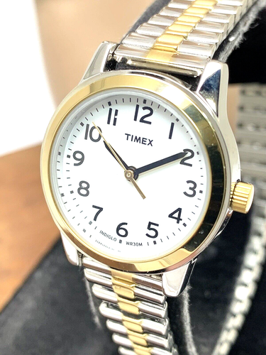 Timex Women's Watch T2N068 Quartz Indiglo White Dial Two Tone Stainless ...