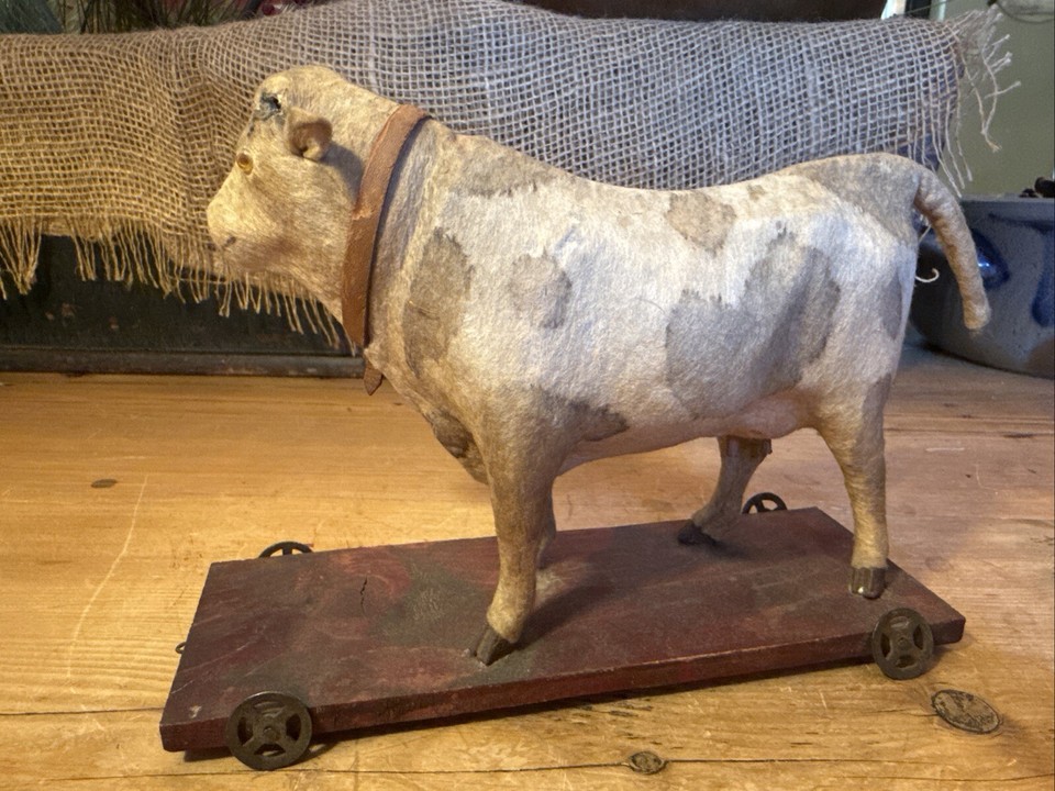 ANTIQUE VINTAGE GERMANY COW BULL STEER ON WHEELS PULL TOY FOLK ART | eBay