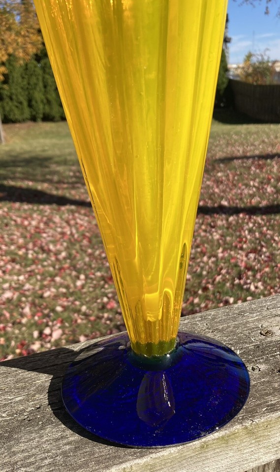 Blenko Yellow And Blue Glass Trumpet Vase With Label Signed Richard ...