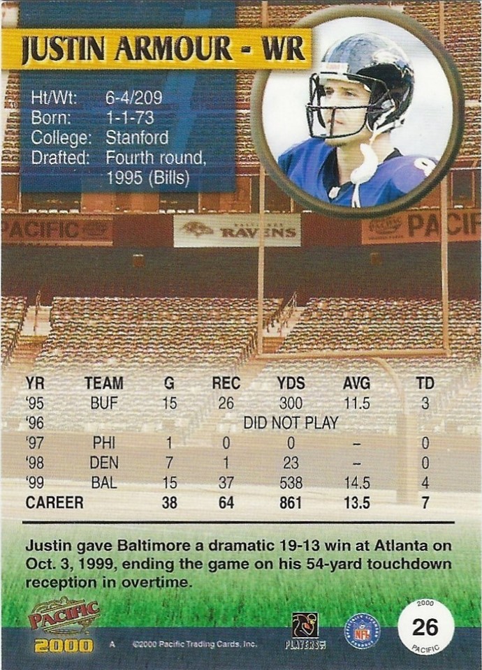 2000 Pacific #26 Justin Armour NFL Football Trading Card Baltimore ...