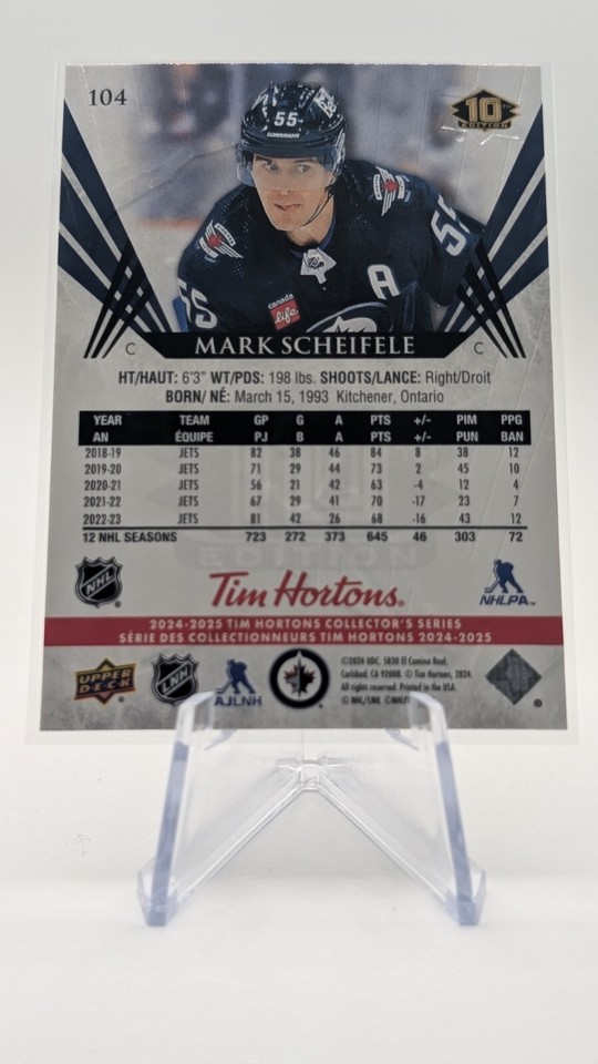 MARK SCHEIFELE WINNIPEG JETS 2024-2025 UPPER DECK TIM HORTONS #104 10TH ...