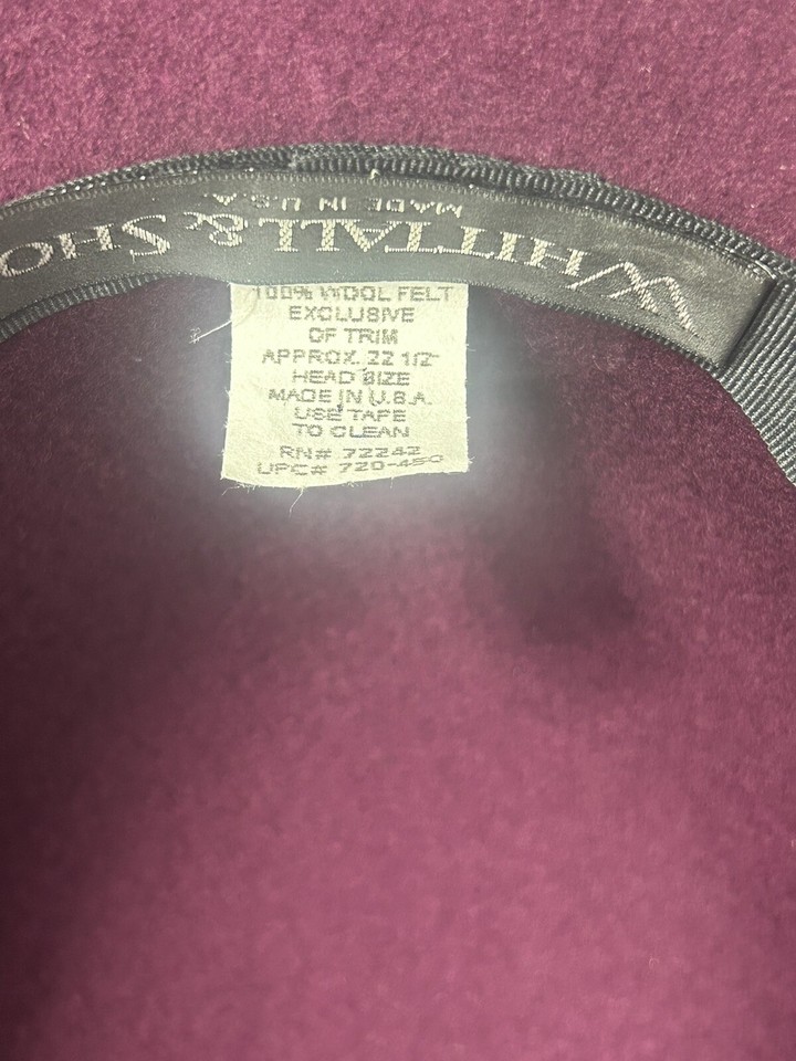 Whittall and Shon Hat Purple Feather Satin Bling 100% Wool Felt 22-1/2 ...