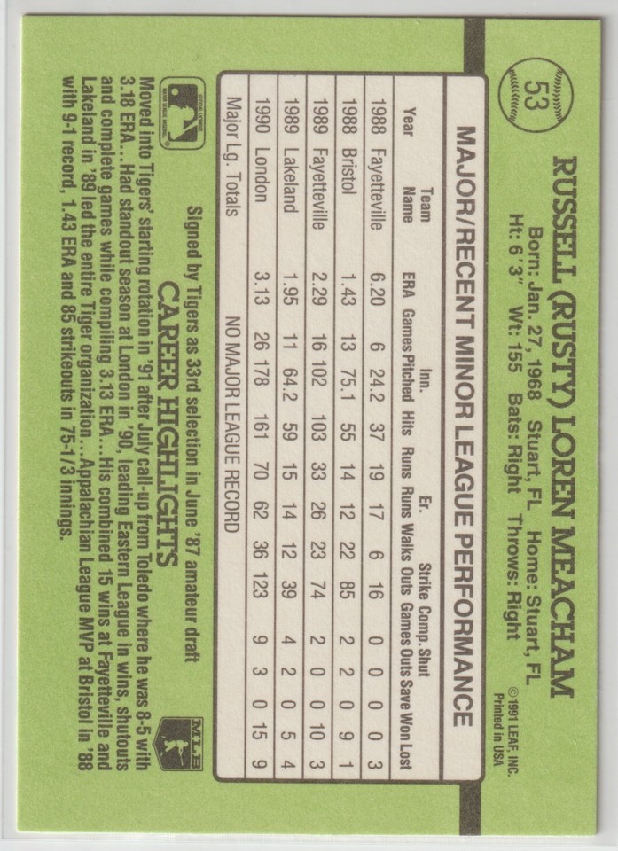 1991 Donruss The Rookies - RUSTY MEACHAM - RC #53 - Detroit Tigers (B ...