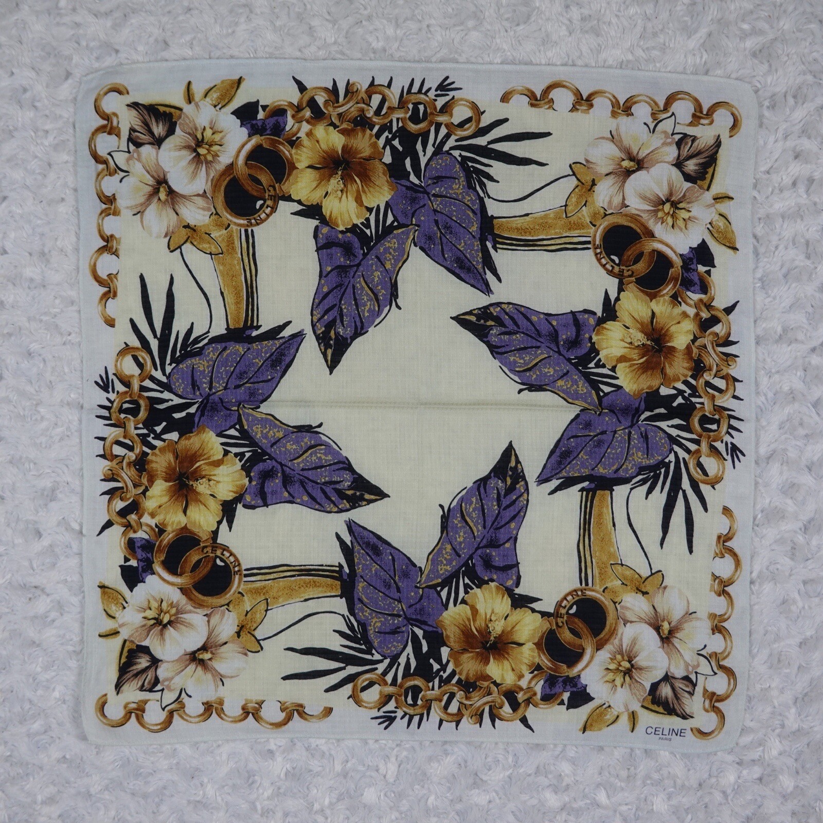 K222 Celine Paris Ivory Gold Flower Scarf Scarves Poc… - Gem