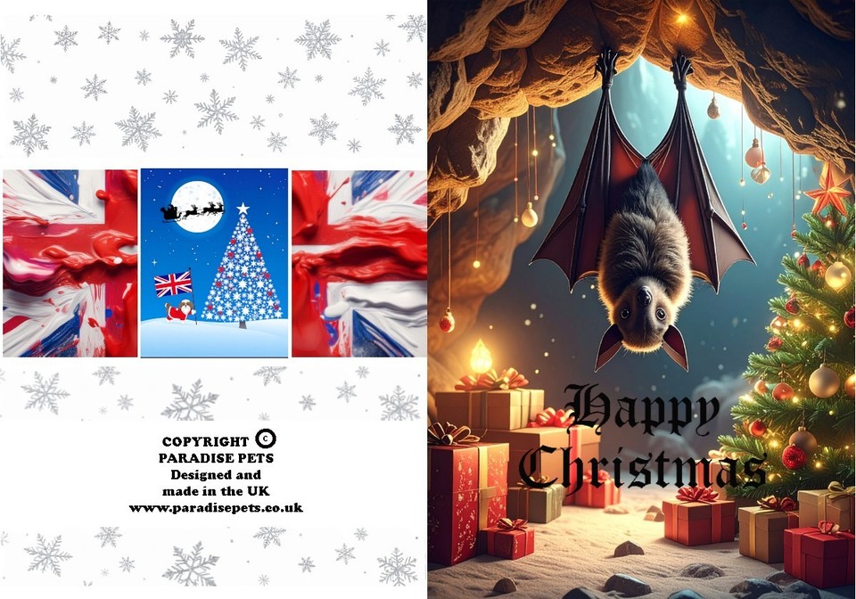 BAT CHRISTMAS CARD BAT HANGING FROM A CAVE ROOF WITH A XMAS TREE AND ...