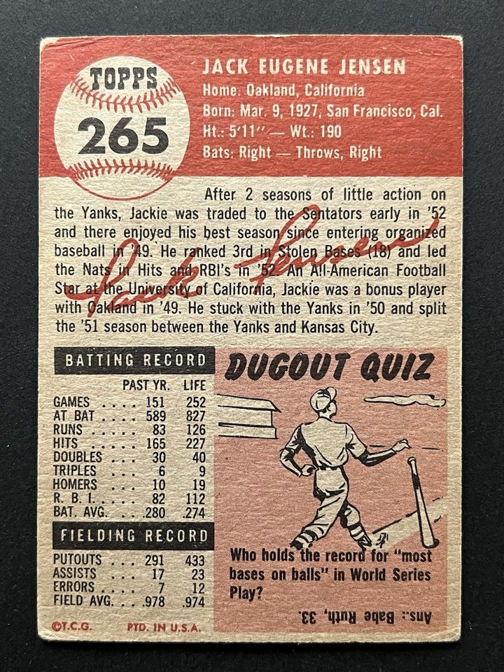 1953 Topps High # Jackie Jensen #265 Short Print - Scarce | eBay