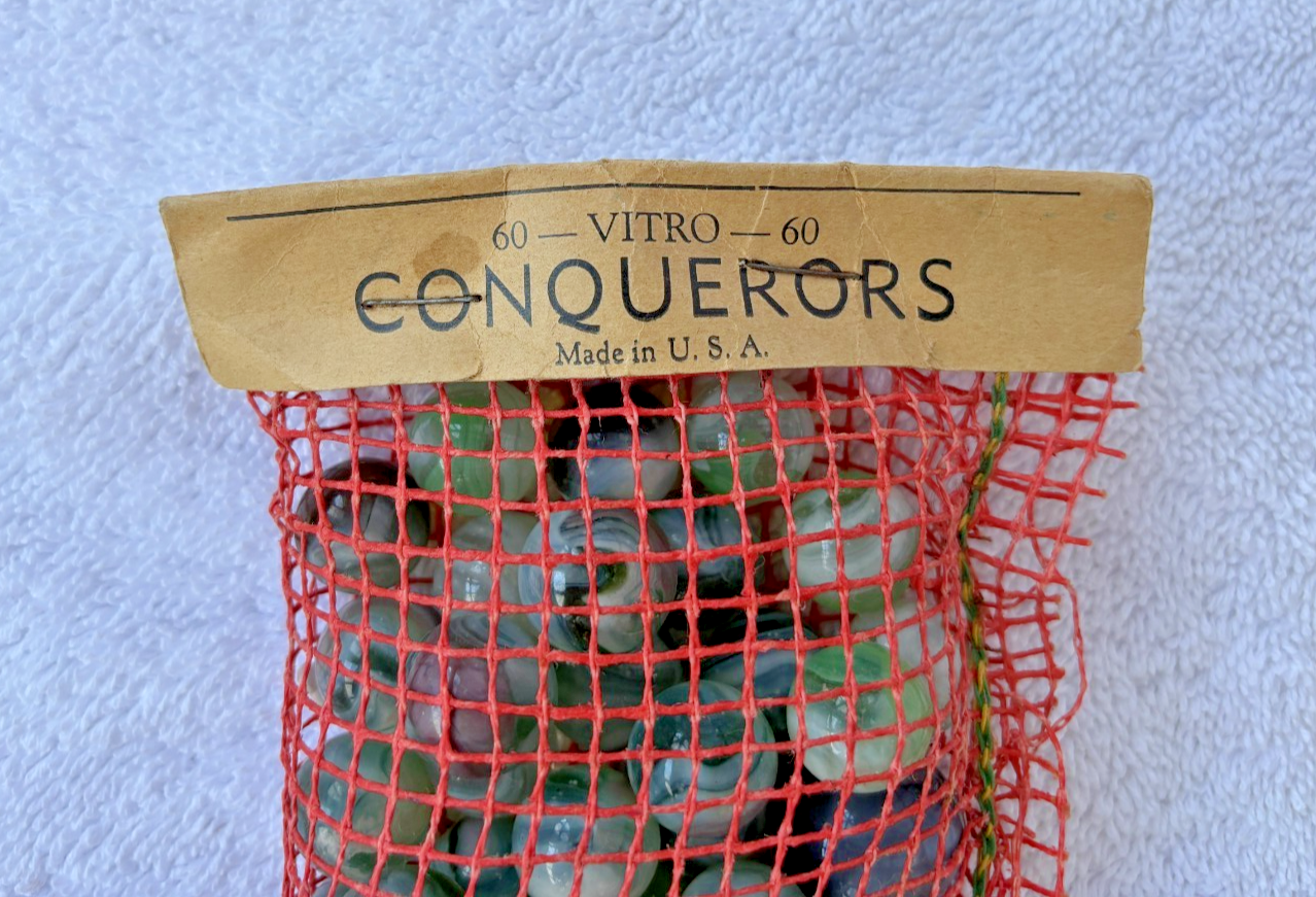 Vintage Vitro Agate Conquerors Marbles Mesh Bag Original Tag 60 Count ...