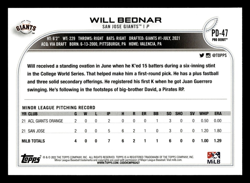 2022 Topps Pro Debut - #PD-47 Will Bednar - San Jose Giants | eBay