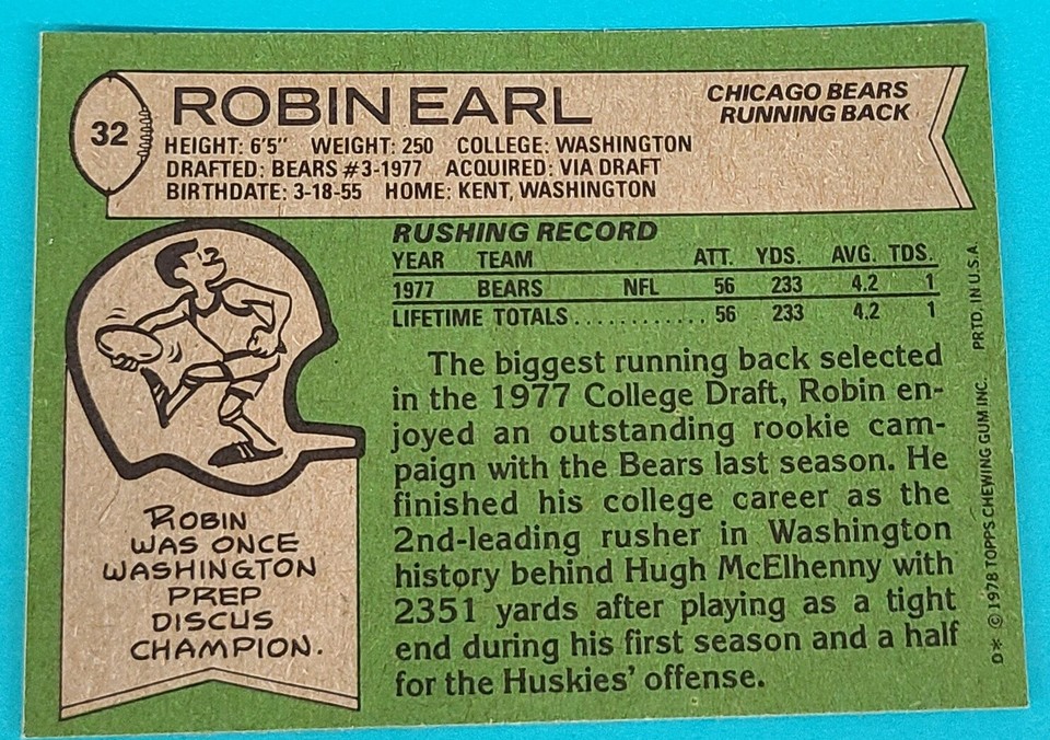 1978 Topps RC #32 Robin Earl Chicago Bears Football Card R5 | eBay