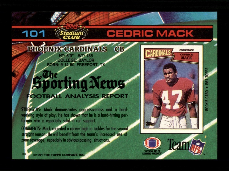 Cedric Mack #47 Phoenix Cardinals NFL Topps Stadium Club Trading Card ...