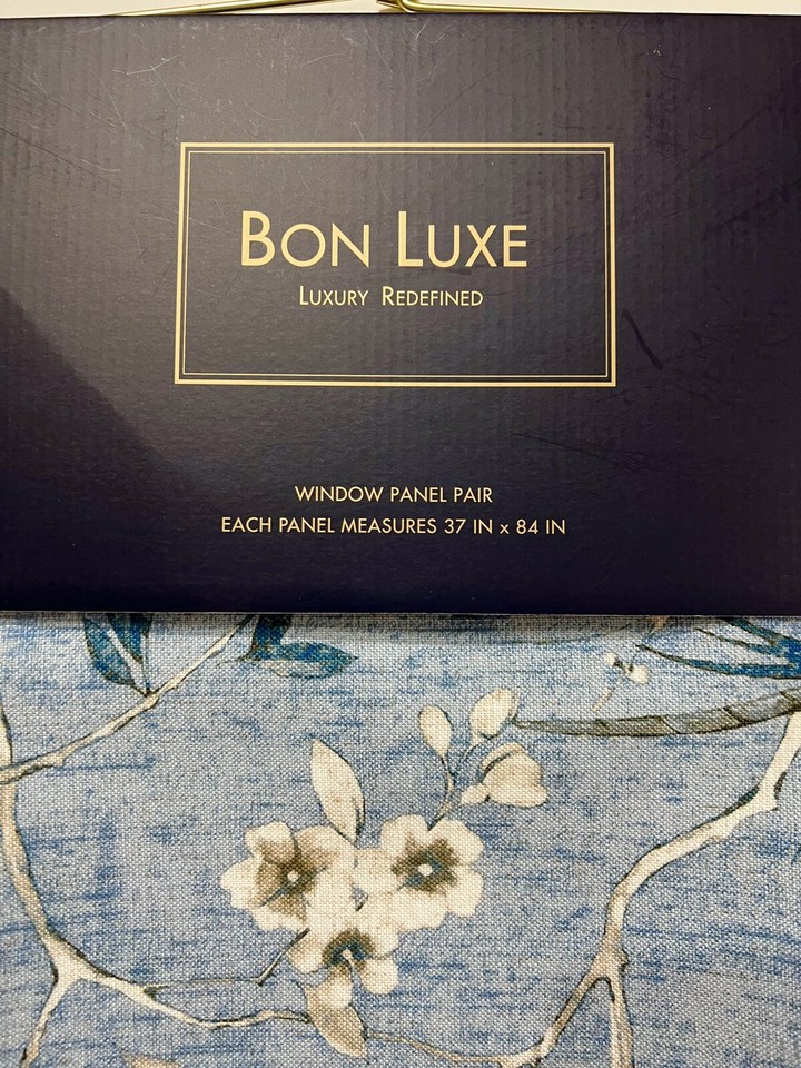 Bon Luxe CORNELIA Window Panel Pair Curtains Bird Flower Garden Blue 37 ...
