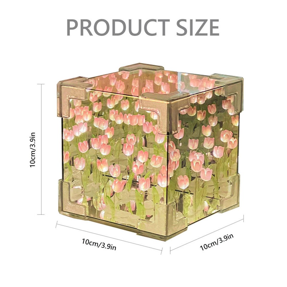 Pink Flowers DIY Tulip Cube Mirror Lamp, Cube Tulip Flower Sea Night ...