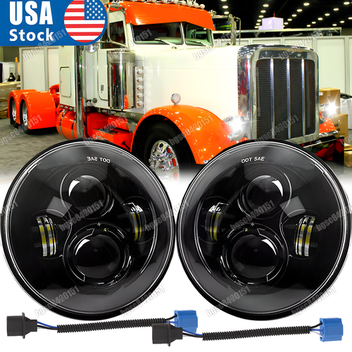 2x 7" inch Chrome Round LED DRL Headlight Hi-Lo Beam For Peterbilt 379 ...