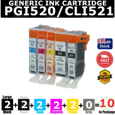 10x Generic Ink PGI-520 CLI-521 For Canon PIXMA MP540 MP550 MP620 MX860 ...
