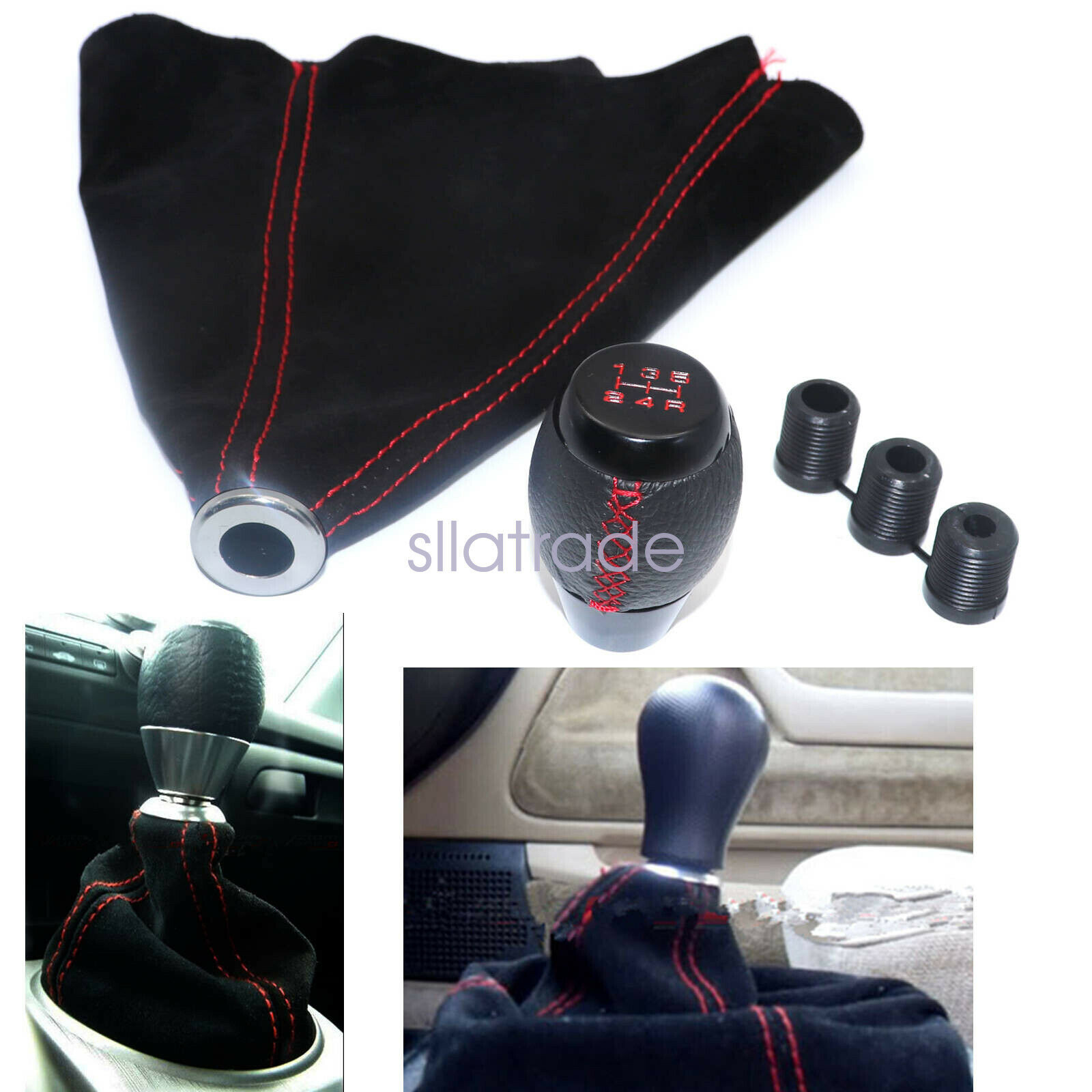 LEATHER 5 SPEED SHIFT KNOB RED STITCHING+BLACK SUEDE BOOT FIT FOR HONDA ...