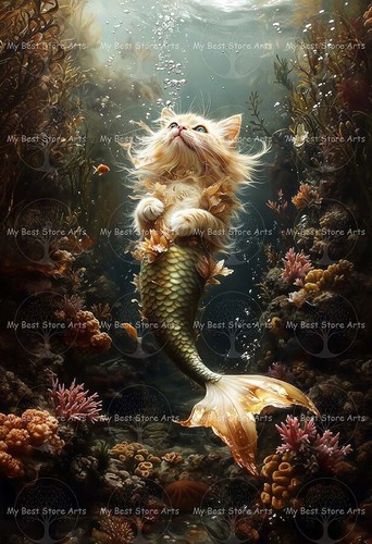 MERMAID CAT ART PRINT, Fantasy Siren Poster, Animal Kitty Funny Wall ...