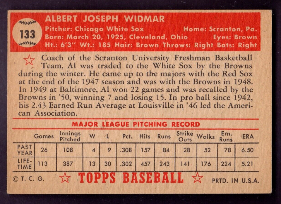 1952 Topps #133 Al Widmar Pitcher Chicago White Sox EX | eBay