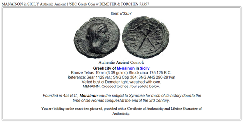 MANAINON in SICILY Authentic Ancient 175BC Greek Coin w DEMETER ...