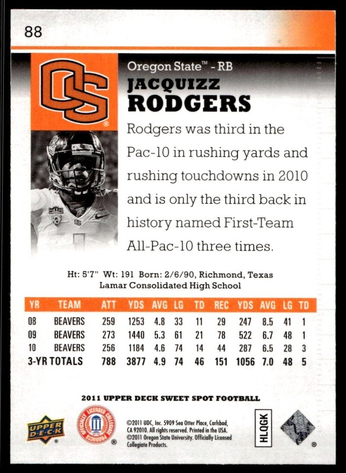 2011 Upper Deck Sweet Spot Jacquizz Rodgers Rookie G71 Oregon State ...