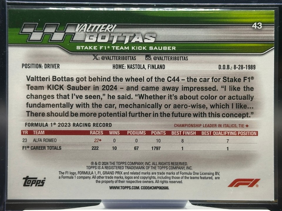 2024 Topps F1 Paddock Pass Valtteri Bottas Car Red Foil #43 Stake F1 ...