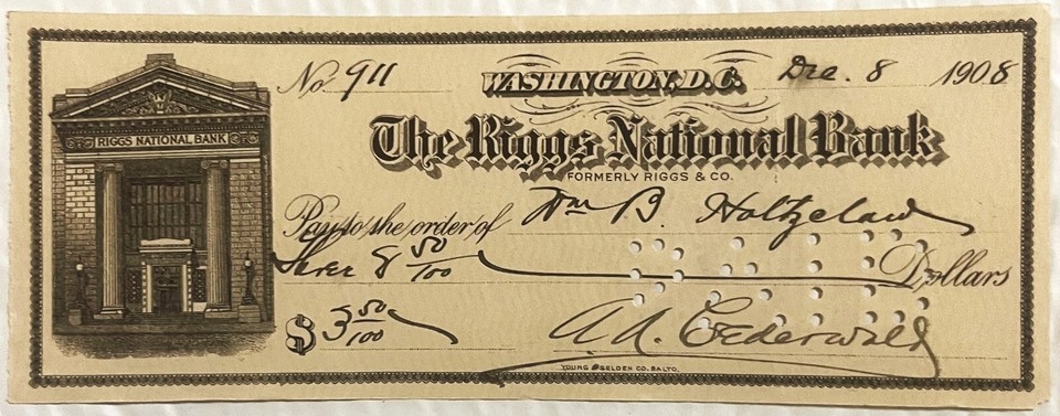 Antique Riggs National Bank Check Washington DC 1900s–1924 Prominent ...