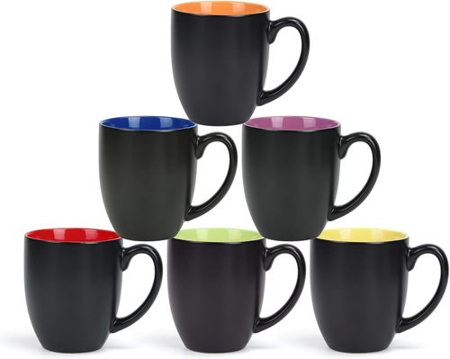 16 OZ Stoneware Coffee Mug Set of 6, Black Ceramic Mug with Different ...